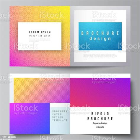 정사각형 디자인 Bifold 브로셔 잡지 전단지 소책자를위한 두 개의 표지 템플릿의 편집 가능한 레이아웃의 벡터 그림 화려한 그라데이션 비즈니스 배경과 추상 기하학적 패턴