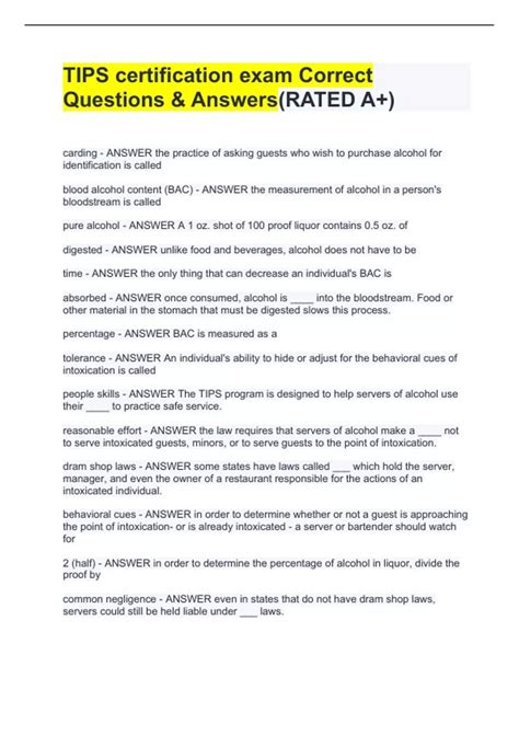 TIPS Certification Exam Correct Questions Answers RATED A TIPS Certification Stuvia US