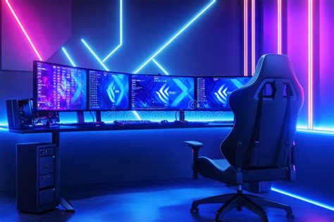 A Sleek Esports Gaming Room 3d Background With Rgb Led Strip Lights A Triple Monitor Setup On A