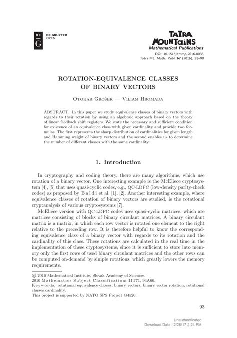 Pdf Rotation Equivalence Classes Of Binary Vectors