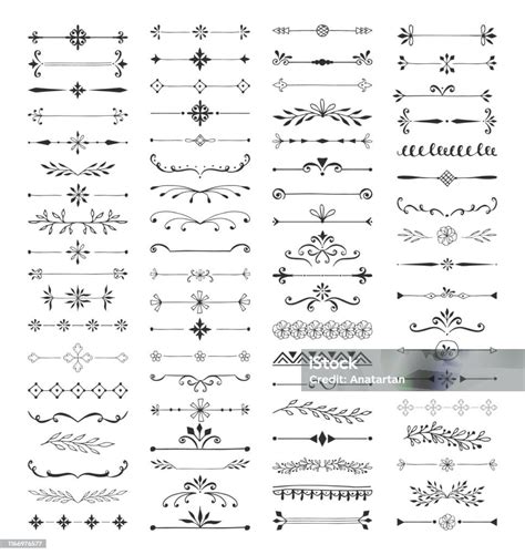 손으로 그린 분할및 텍스트 구분 기호의 집합입니다 페이지 장식을 위한 선과 덩굴 화려한 디자인 요소 벡터 절연 그림입니다 분할에 대한 스톡 벡터 아트 및 기타 이미지