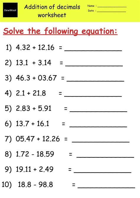Addition Of Decimals Worksheets DewWool Decimals Worksheets Decimals Subtracting Decimals