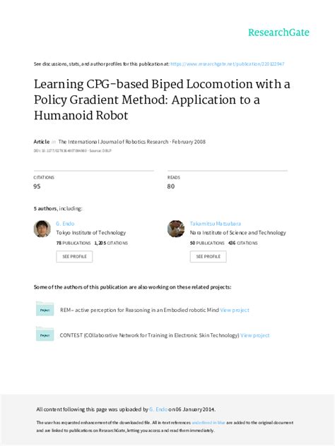 Pdf Learning Cpg Based Biped Locomotion With A Policy Gradient Method