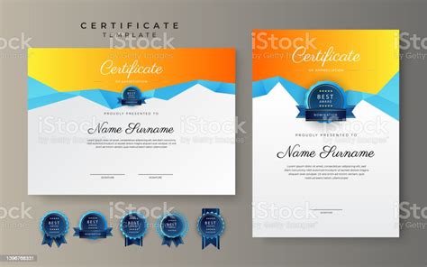 파란색과 노란색 주황색 업적 증명서 고급 배지와 현대적인 라인 패턴이있는 국경 템플릿 수상 비즈니스 및 교육 요구 사항 감탄에 대한 스톡 벡터 아트 및 기타 이미지 Istock