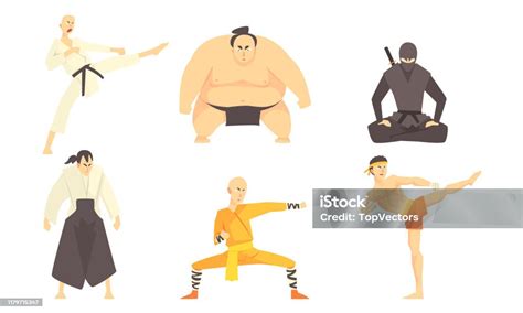 아시아 무술 전투기 세트 다른 기술 킥을 연습 하는 남자 프로 선수 가라데 스모 아이키도 유도 닌주츠 킥복싱 벡터 일러스트