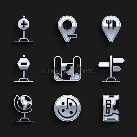 Set Folded Map City Navigation Compass Mobile Parking Car Barrier Stop Sign And Radar With