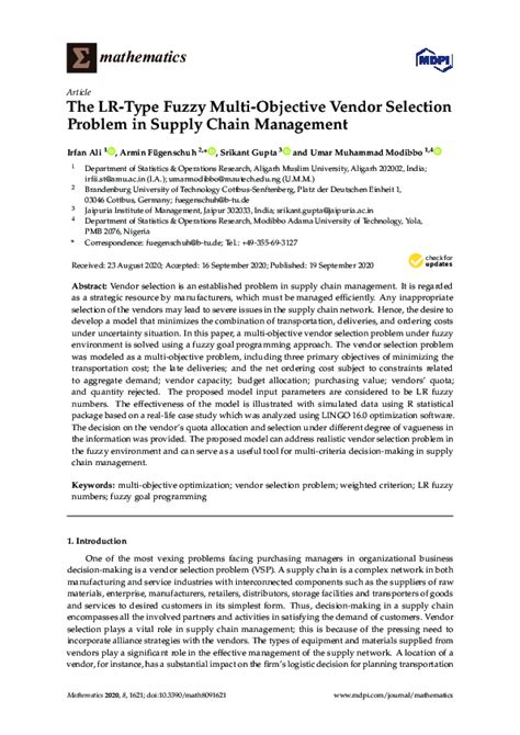 Pdf The Lr Type Fuzzy Multi Objective Vendor Selection Problem In