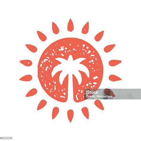 열대 야자수 실루엣 서클 태양 광선 레드 로고 타입 그런 지 텍스처 벡터 일러스트 레이 션 단일 이미지에 대한 스톡 벡터 아트
