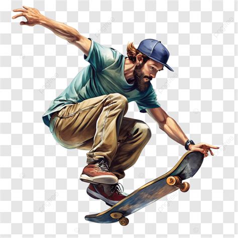스케이트보드 클립 아트 그림에서 킥플립을 하고 있는 수염을 기른 스케이터 스케이트보더 점프 스케이트보드 트릭 만화 스케이트보더 Png 일러스트 및 이미지 에 대한 무료