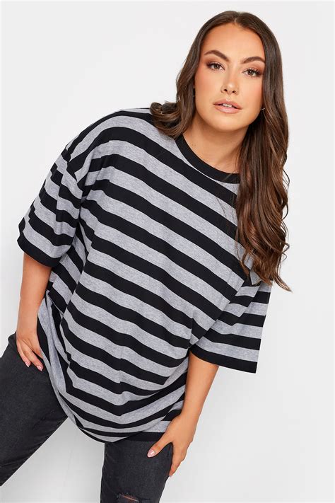 Yours Plus Size Curve Grey Stripe Oversized Boxy T Shirt Yours Clothing