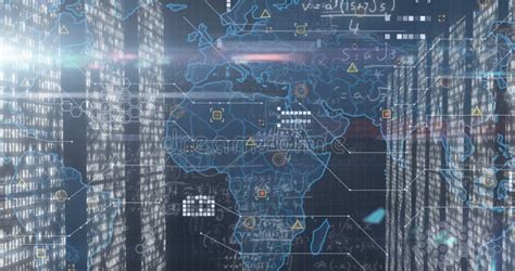 Animation Of Mathematical Equations Over World Map And Multiple Screens Of Mosaic Squares Stock