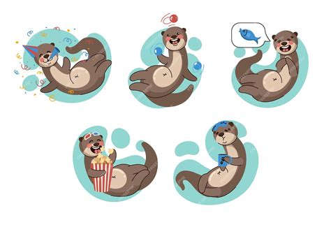 Premium Vector Set Of Cartoon Otter Character Celebrating Eating