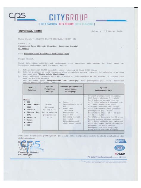 Internal Memo Pemberitahuan Ketentuan Pembayaran Gaji Pdf