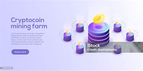 Cryptocoin 광산 농장 레이아웃입니다 Cryptocurrency 및 Blockchain 네트워크 사업 등각 투영 벡터 일러스트 레이 션 합니다 암호화 통화 교환 또는