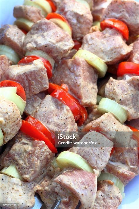 절인된 원시 돼지고기의 조각 조각 다진된 토마토와 꼬치와 파 슬 리 바베 큐에 요리에 대 한 준비와 양파에 중독 고기에 대한