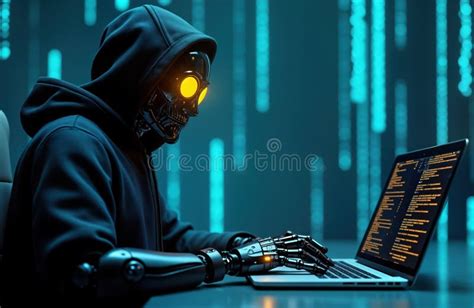 Cyberpunk Robot Hacker Types Code On Laptop Modern Robot With Hoodie In Dark Room Digital