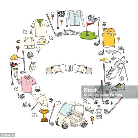 손으로 그린 낙서 골프 아이콘 세트입니다 벡터 일러스트입니다 게임 컬렉션입니다 다양 한 골프 만화 스케치 요소 클럽 티 가방 카트 스포츠 옷 신발 폴로 셔츠 우산 깃발 구멍