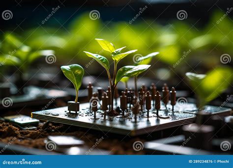Plant Growing On Circuit Board Striking Image Of The Intersection Of Nature And Technology