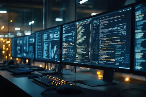 Digital Innovation Close Up Of Glowing Computer Screens Displaying Lines Of Complex Code