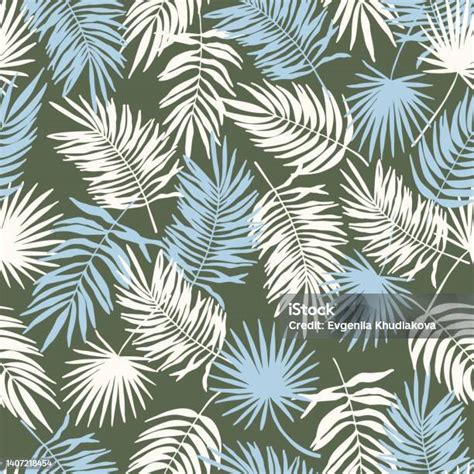 열대 잎은 이음새가 없는 무늬입니다 정글 꽃 벡터 일러스트 레이 션 추상적 인 식물 배경 야자수 가지 직물 패키지 종이에 대한 패션 인쇄 0명에 대한 스톡 벡터 아트 및