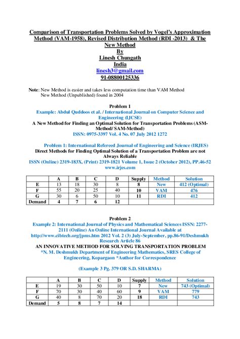 Pdf Comparsion Of Solutions By New Method In Transportation Problem With Vogels Approximation