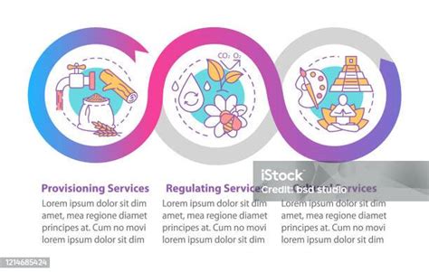 생태계 서비스 벡터 인포그래픽 템플릿 프로 비전 비즈니스 프리젠 테이션 디자인 요소 세 단계로 데이터 시각화 프로세스 타임 라인 차트 선형 아이콘이 있는 워크플로 레이아웃