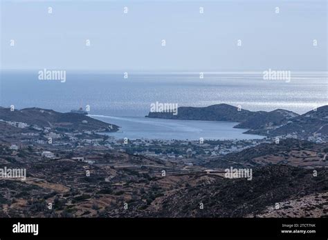 Beautiful Panoramic View Of The Port Of Ios Greece And A Ferry Boat