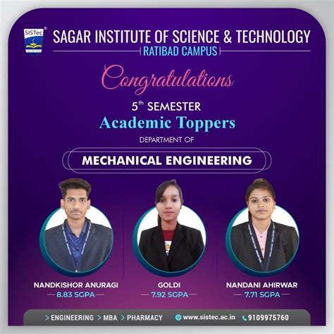 Congratulations To The 5th Semester Academic Toppers From The Sistec Ratibad Department Of