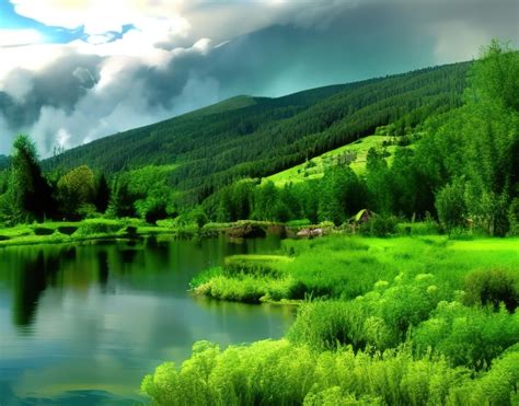 Premium Photo A Small Lake On The Background Of Green Mountains And Trees
