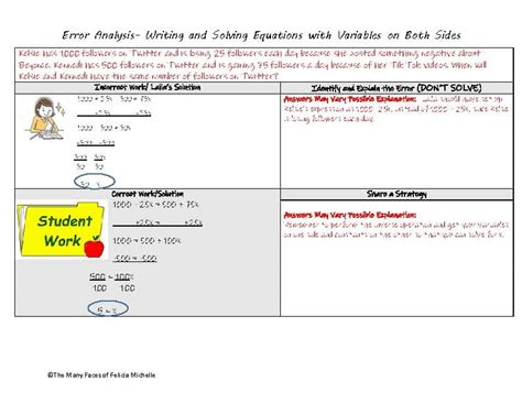 Error Analysis Writing And Solving Equations With Variables On Both Sides