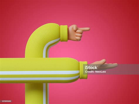 3d 렌더링 노란색 소매를 입고 재미있는 만화 캐릭터 손 오른쪽 방향을 가리키는 빨간색 배경에 고립 된 클립 아트 3차원 형태에 대한 스톡 사진 및 기타 이미지 Istock