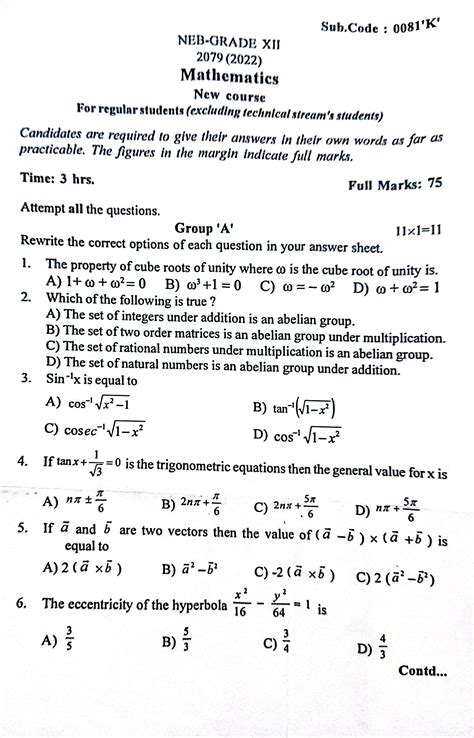 Neb Class 12 Math Board Exam Question Paper 2079 With Solution Neb Notes Iswori Education