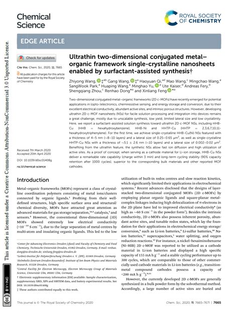 Pdf Ultrathin Two Dimensional Conjugated Metal Organic Framework Single Crystalline Nanosheets