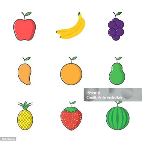 사과 바나나 포도 망고 오렌지 배 파인애플 딸기와 수박 플랫 디자인 팩과 간단한 그림 세트 과일 아이콘 건강한 생활방식에 대한