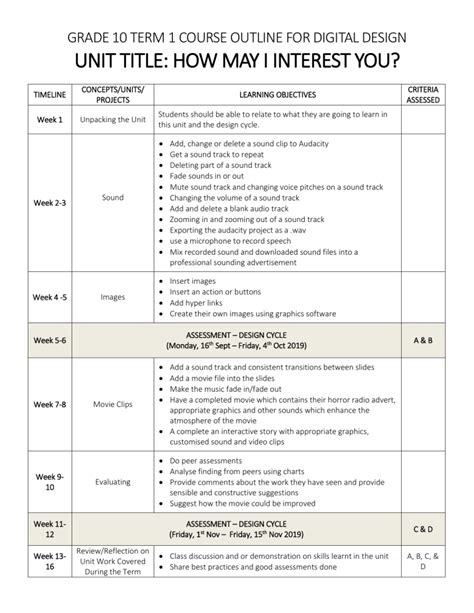 Grade Digital Design Course Outline Term