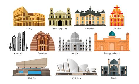 세계 랜드 마크 세트 여행 세트 프리미엄 벡터