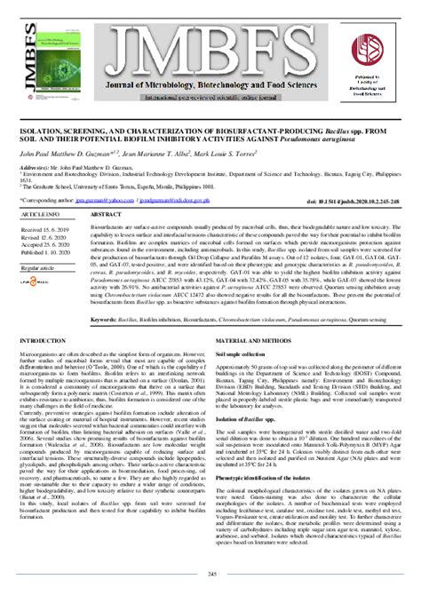 Pdf Isolation Screening And Characterization Of Biosurfactant Producing Bacillus Spp From
