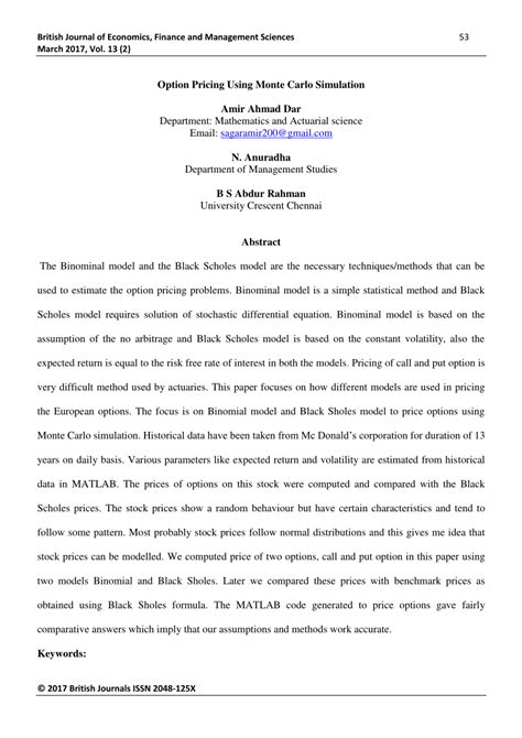 PDF Option Pricing Using Monte Carlo Simulation