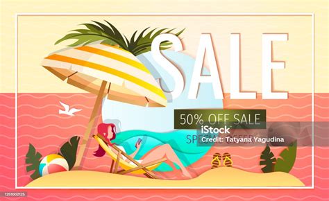여름 세일을 위한 프로모션 배너 디자인 선쉐이드 열대 잎 비치볼 아래 갑판 의자에 앉아 있는 여성 갑판 의자에 대한 스톡 벡터 아트 및 기타 이미지 Istock