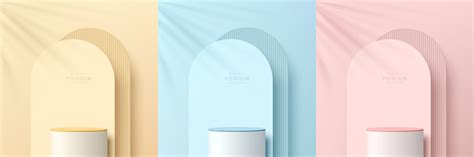 분홍색 노란색 파란색 흰색 현실적인 3d 실린더 스탠드 연단 아치 모양 배경 세트 기하학적 형태를 가진 벡터 추상 파스텔 제품 무대 쇼케이스 프로모션 디스플레이를위한 최소