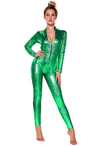 Spandex Costume Black Jacky Womens Metallic Zip Front Neck Catsuit Bodysuit