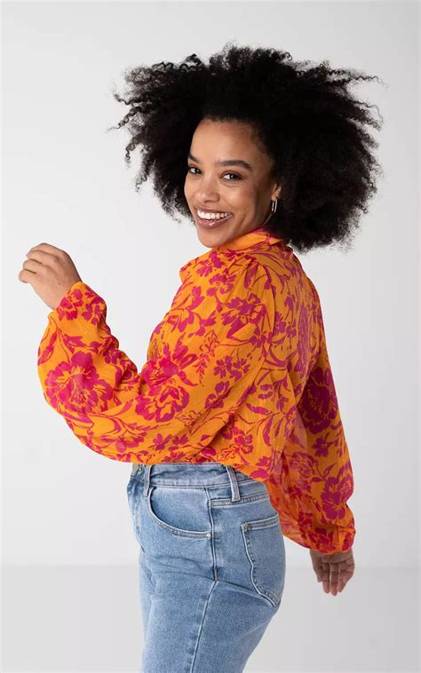 See Through Blouse Met Glitterdetail Oranje Fuchsia