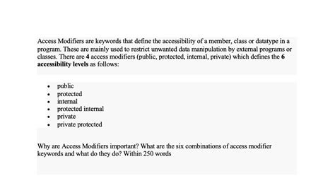 Solved Access Modifiers Are Keywords That Define The