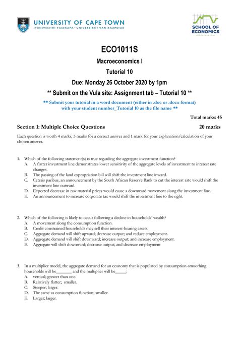 ECO1011 S Tutorial 10 2020 1 2 ECO1011S Macroeconomics I Tutorial 10 Due Monday 26 October