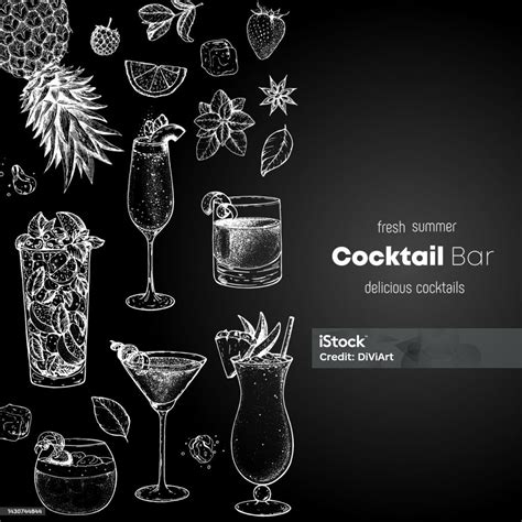 손으로 그린 칵테일 벡터 일러스트레이션 알콜 칵테일 스케치 세트 새겨진 스타일 바에 대한 디자인 템플릿 톰 콜린스 마이 타이