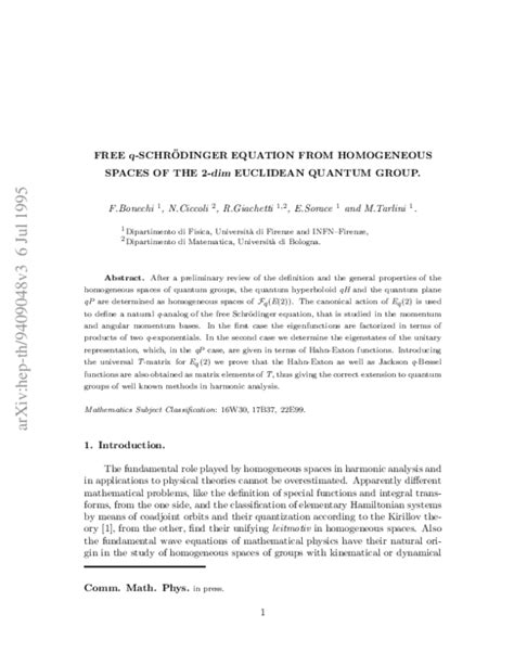 Pdf Freeq Schrödinger Equation From Homogeneous Spaces Of The 2 Dim Euclidean Quantum Group