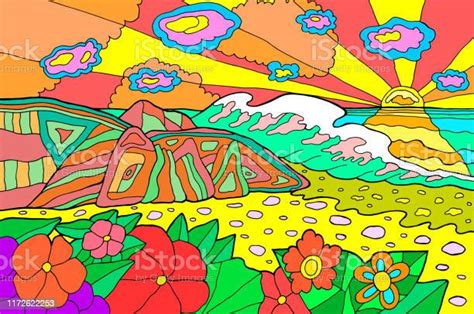 해변 풍경과 환각 그림입니다 바다 일몰입니다 다채로운 카톤 복고풍 예술입니다 히피 60 년대 작품 벡터 일러스트레이션 강렬하고 밝은 색상에 대한 스톡 벡터 아트 및 기타