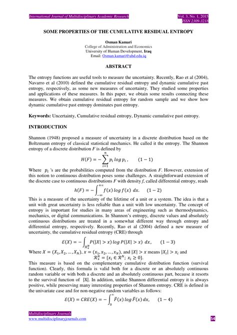PDF SOME PROPERTIES OF THE CUMULATIVE RESIDUAL ENTROPY