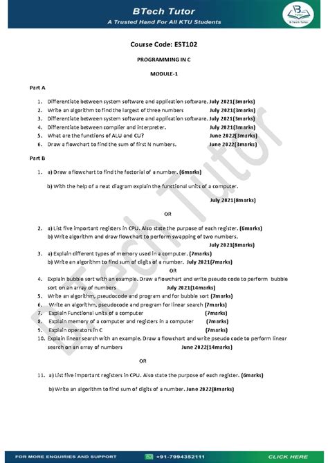 c programme module 1 question course code est programming in c module part a 1
