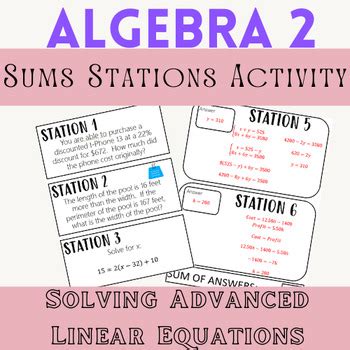 Linear Equations SUMS STATIONS Activity By Pi 4 Ever TPT